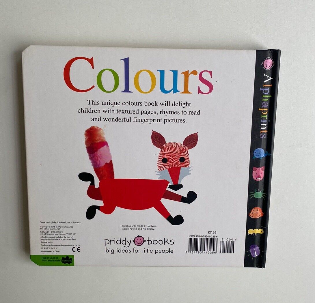 Alphaprints Colours kids toddler board book animals, VGUC